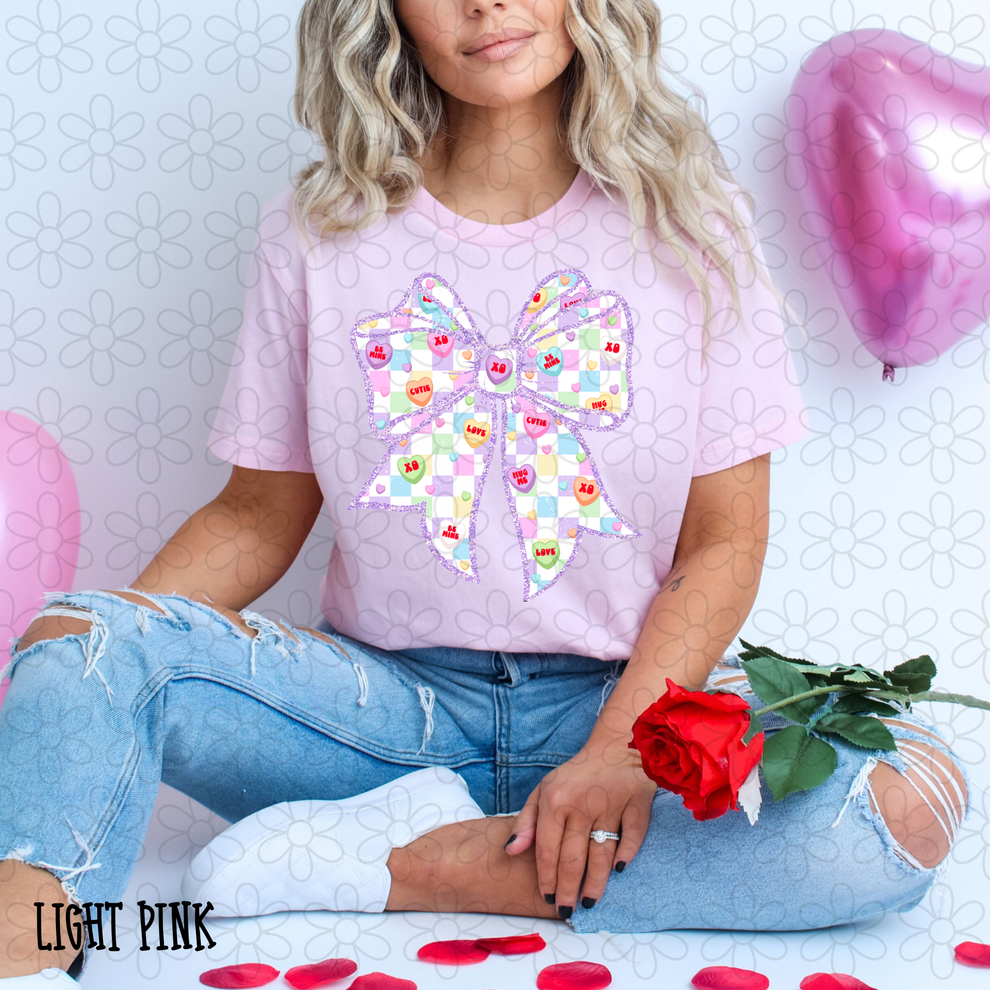 Candy Hearts Checkered Coquette Bow Kids Completed Tee – The Wholesale ...