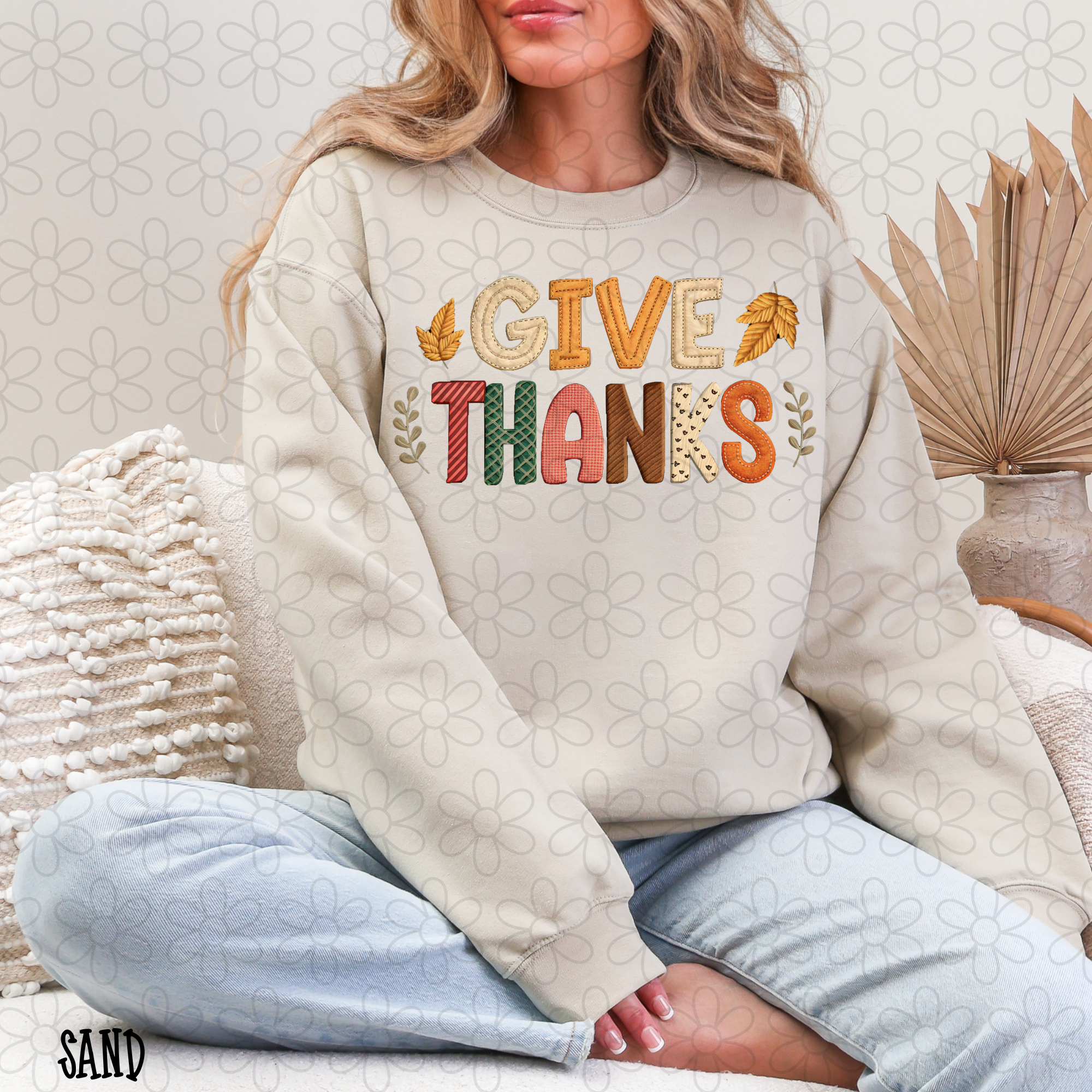 Give Thanks Fall Stitched Patterns Completed Tee – The Wholesale Shack