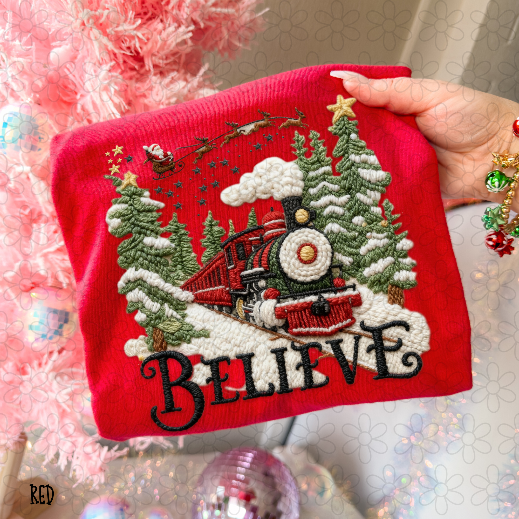 Knit Believe Santa Claus Train Completed Tee – The Wholesale Shack