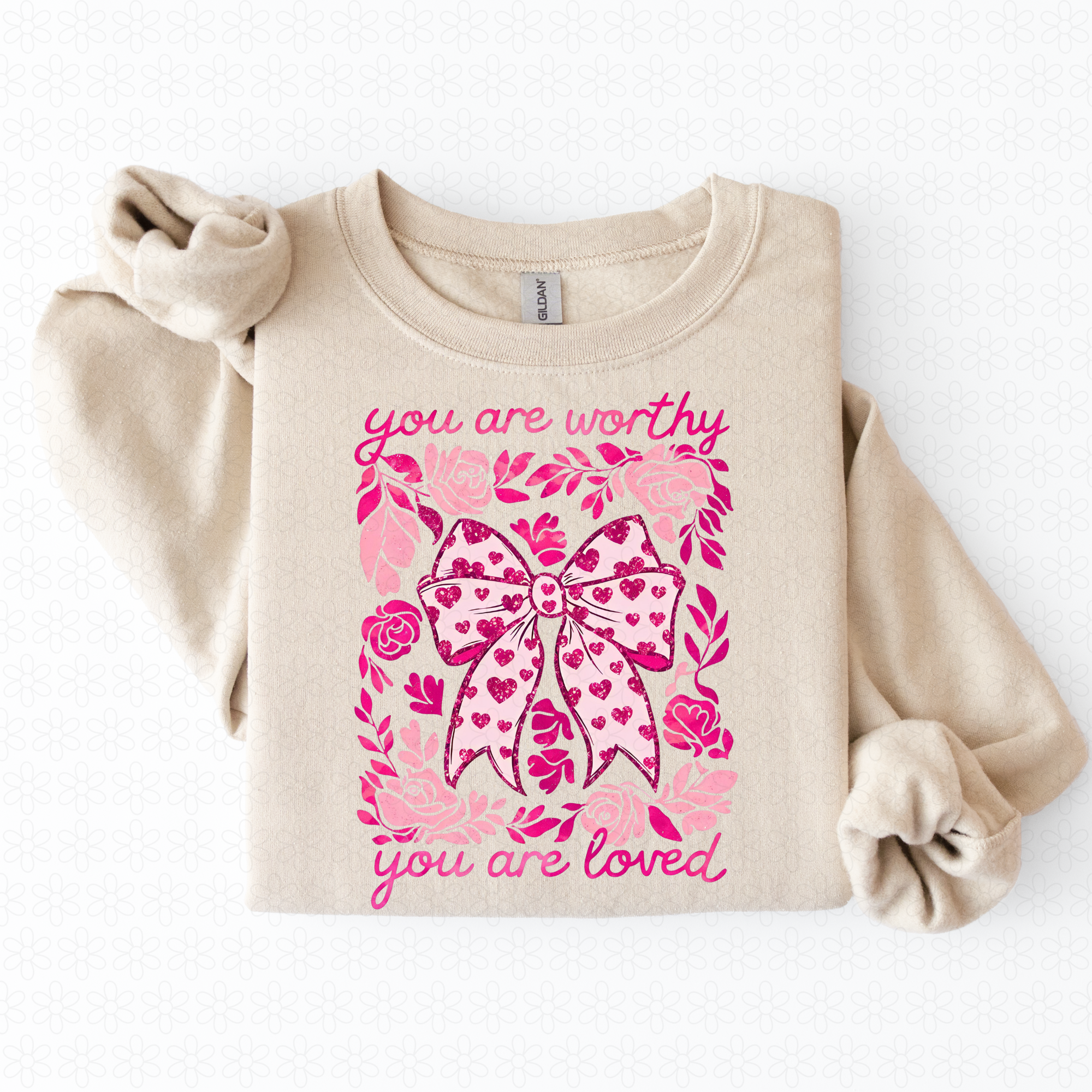 You Are Worthy You Are Loved Pink Flowers Bow Completed Tee – The ...